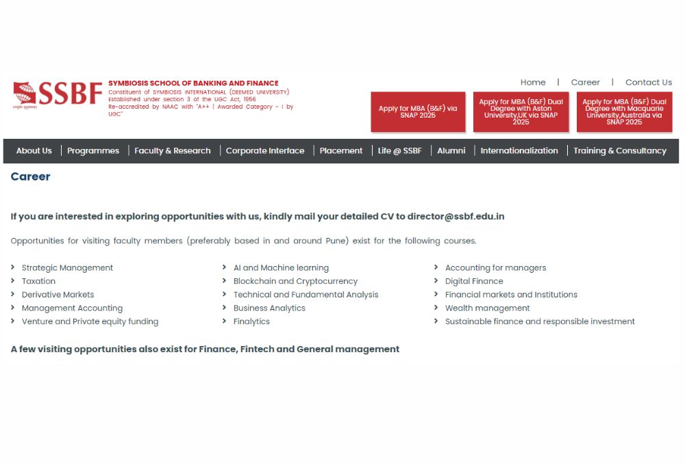 Visiting Faculty Recruitment – Symbiosis School of Banking & Finance (SSBF), Pune at Symbiosis ...